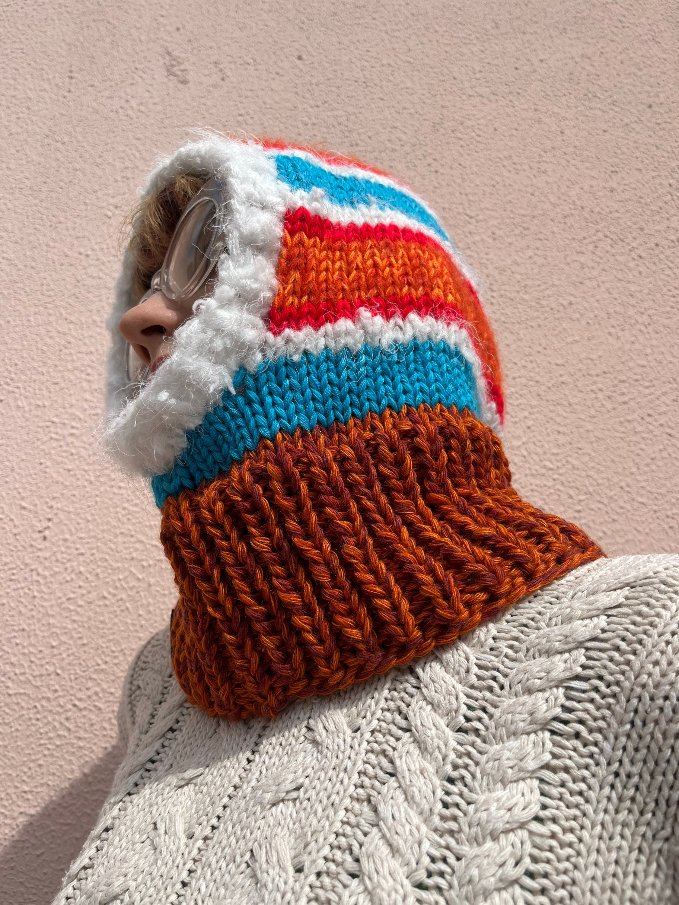 Handmade Colorful Balaclava in Orange White and Blue, Oversize Fluffy ...