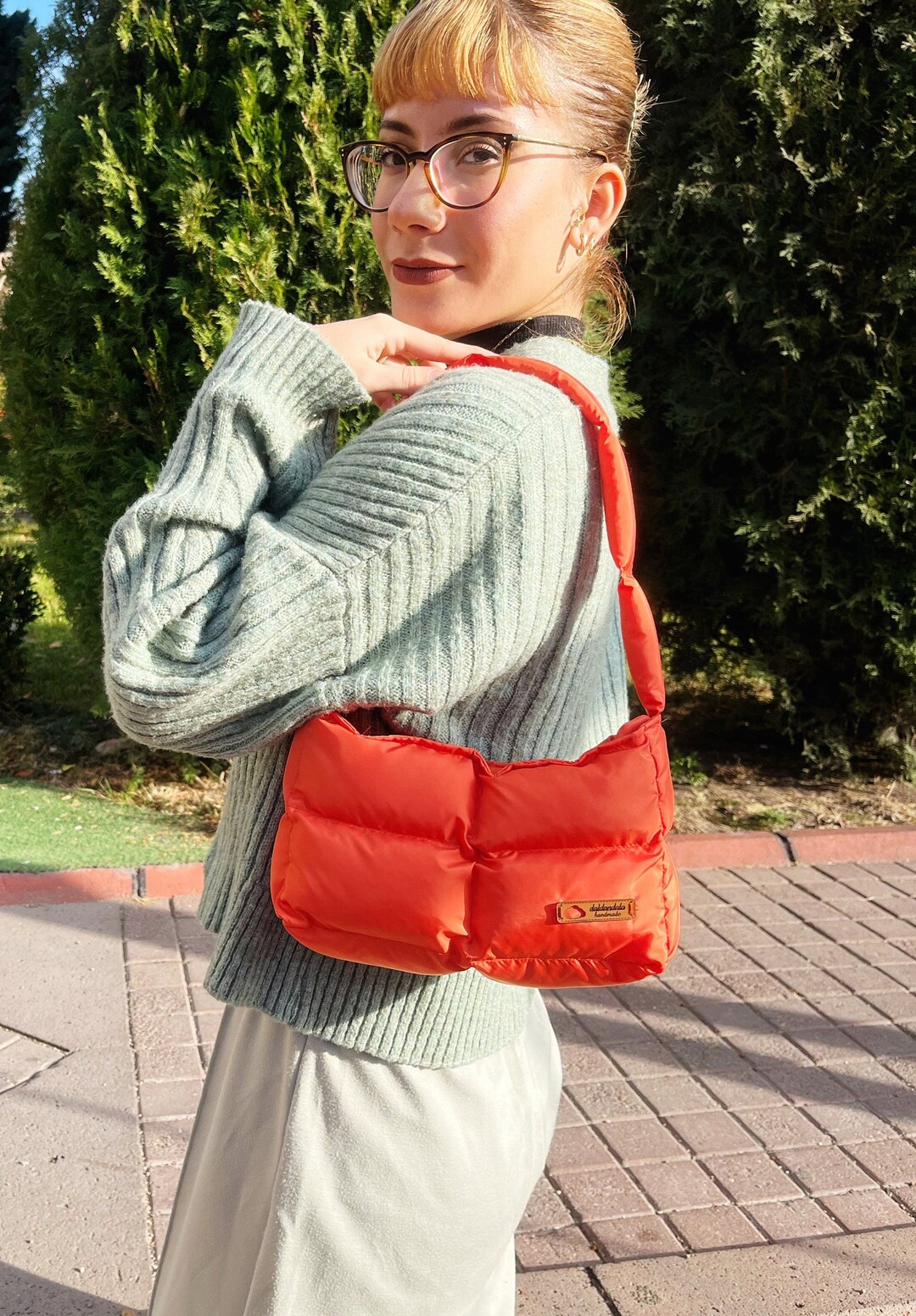 Baguette Puffer Bag, Handmade Puffy Bag, Pillow Puffer Bag, Orange Mini ...