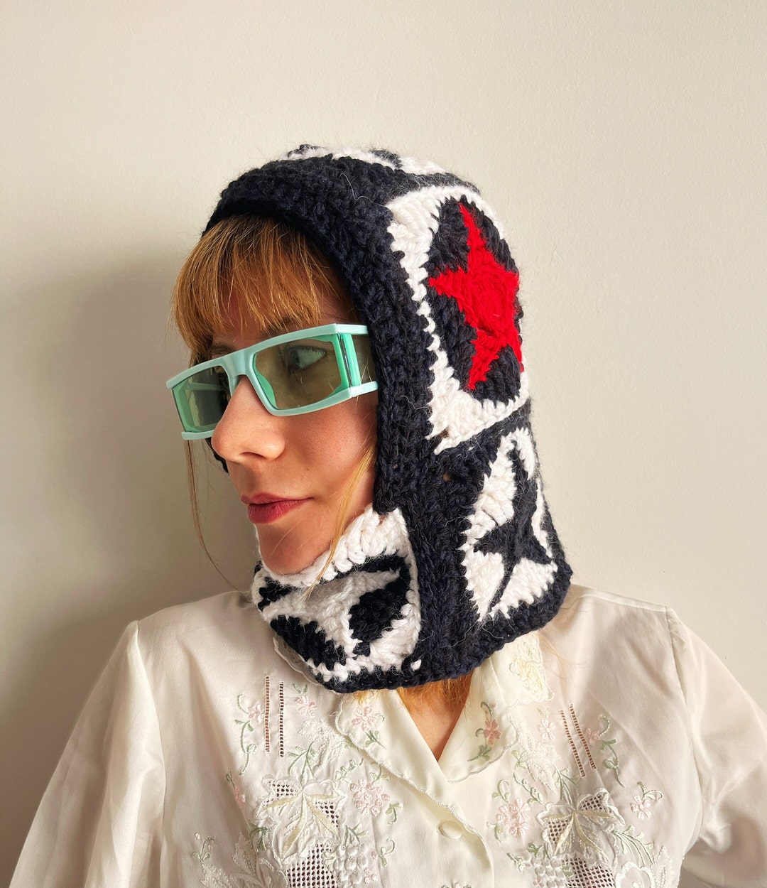 Balaclava Crochet Handmade Black and White Balaclava Granny Square Hood ...