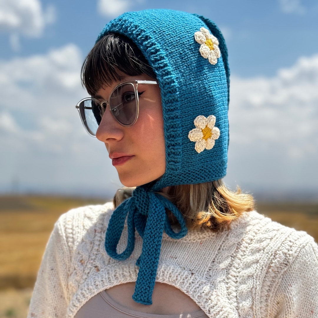 Hand Knitted Bow Tie Bonnet, Pure Wool Bonnet With Crochet Flowers ...