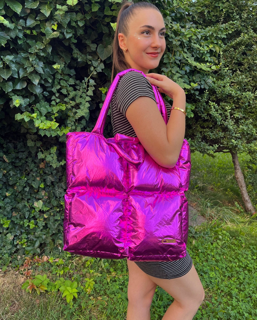 Handmade Puffy Bag in Brilliant Metallic Fuchsia, Big Size Laptop Bag ...