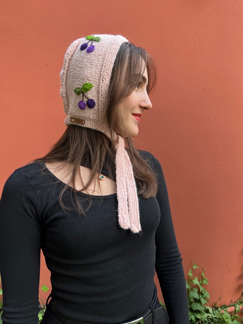 Knit Bonnet With Crochet Cherries, Powder Pink Bow Tie Bonnet ...