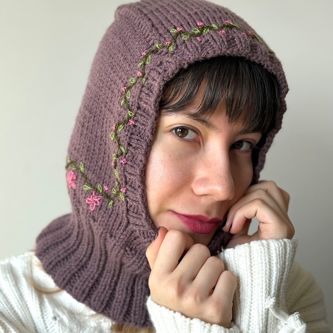 Hand Knitted Rose Balaclava With Floral Embroidery, Unique Design Warm ...