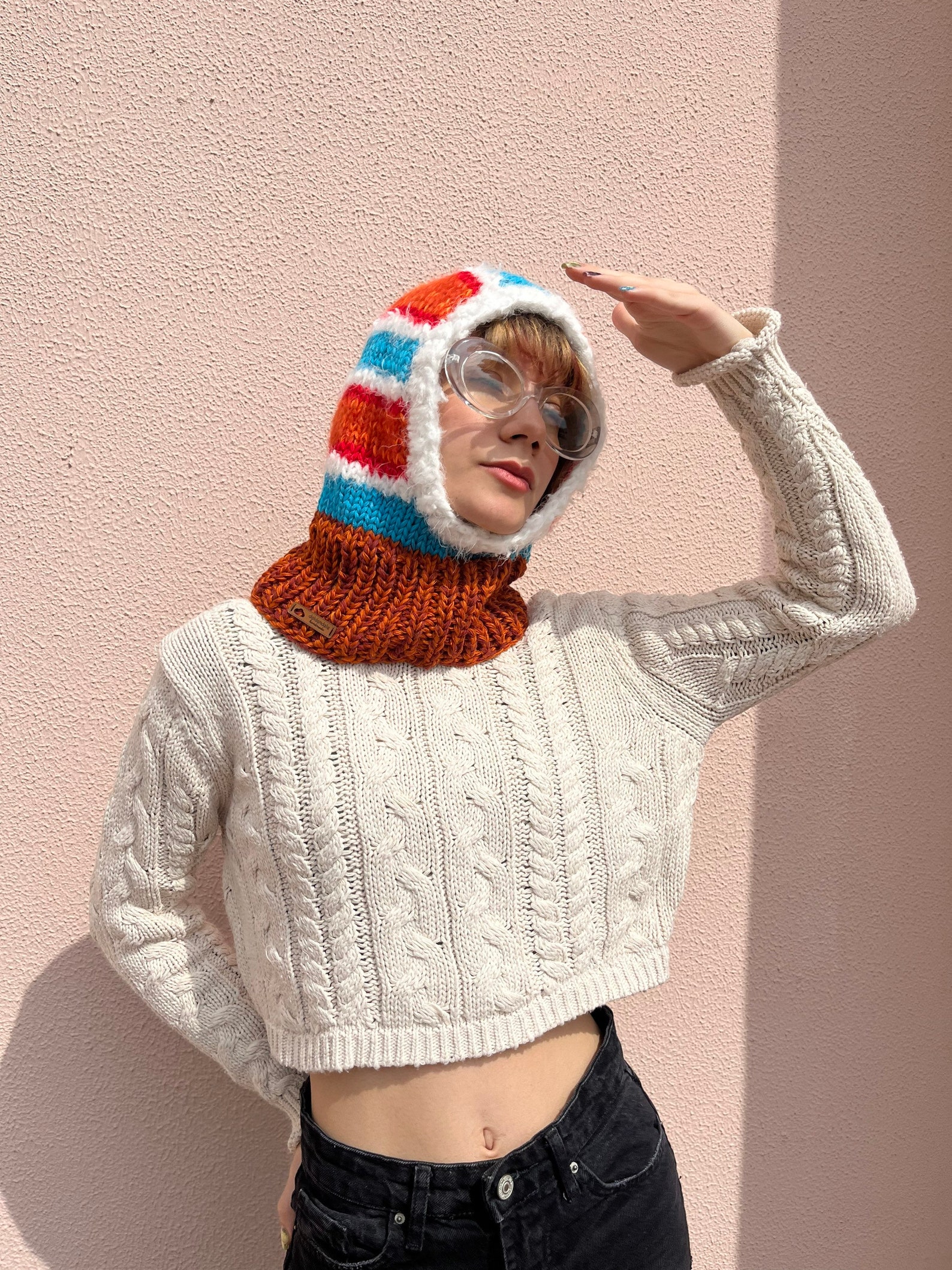 Handmade Colorful Balaclava in Orange White and Blue, Oversize Fluffy ...