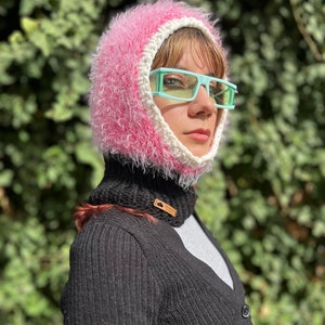 Fuzzy Balaclava Knit, Hand Knitted Fluffy Balaclava in Pink Black White ...