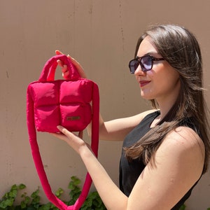 Handcrafted Pink Mini Puffer Bag With Zipper Closure, Inner Pocket, and ...
