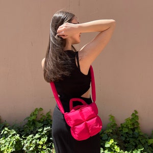 Handcrafted Pink Mini Puffer Bag With Zipper Closure, Inner Pocket, and ...