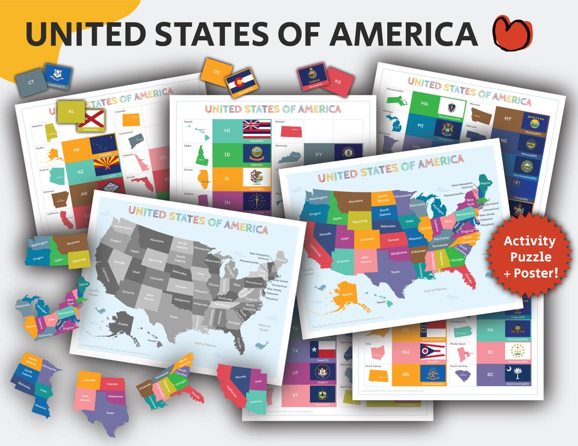 United States Map Puzzle, States and Capitals Activity Set, Printable ...