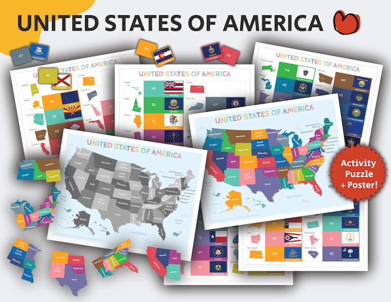 United States Map Puzzle, States and Capitals Activity Set, Printable ...