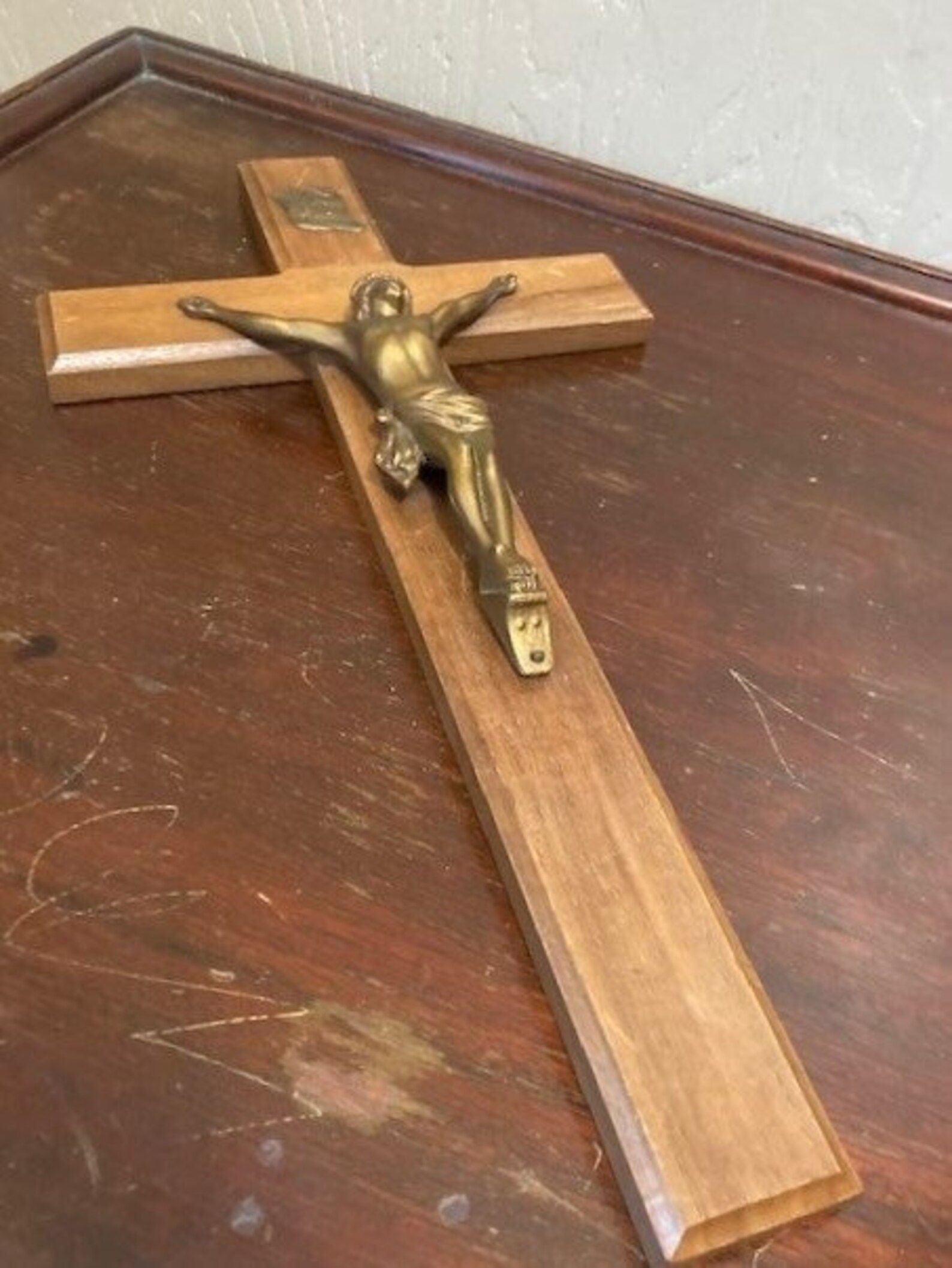 Vintage Bronze & Wood Crucifix ~ Jesus Christ on Cross ~ Religious Wall ...