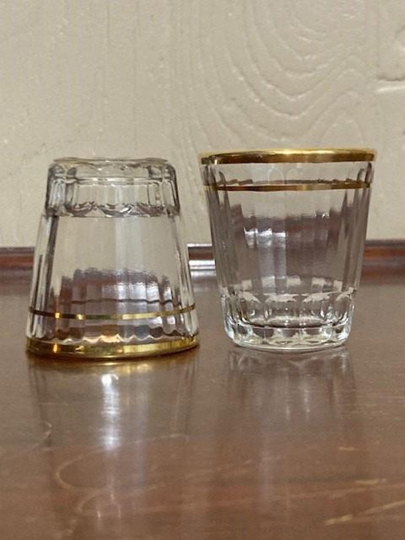Vintage Gold Band Shot Glass Set ~ Ribbed Cut Glass 1 Oz Shot Glasses ...