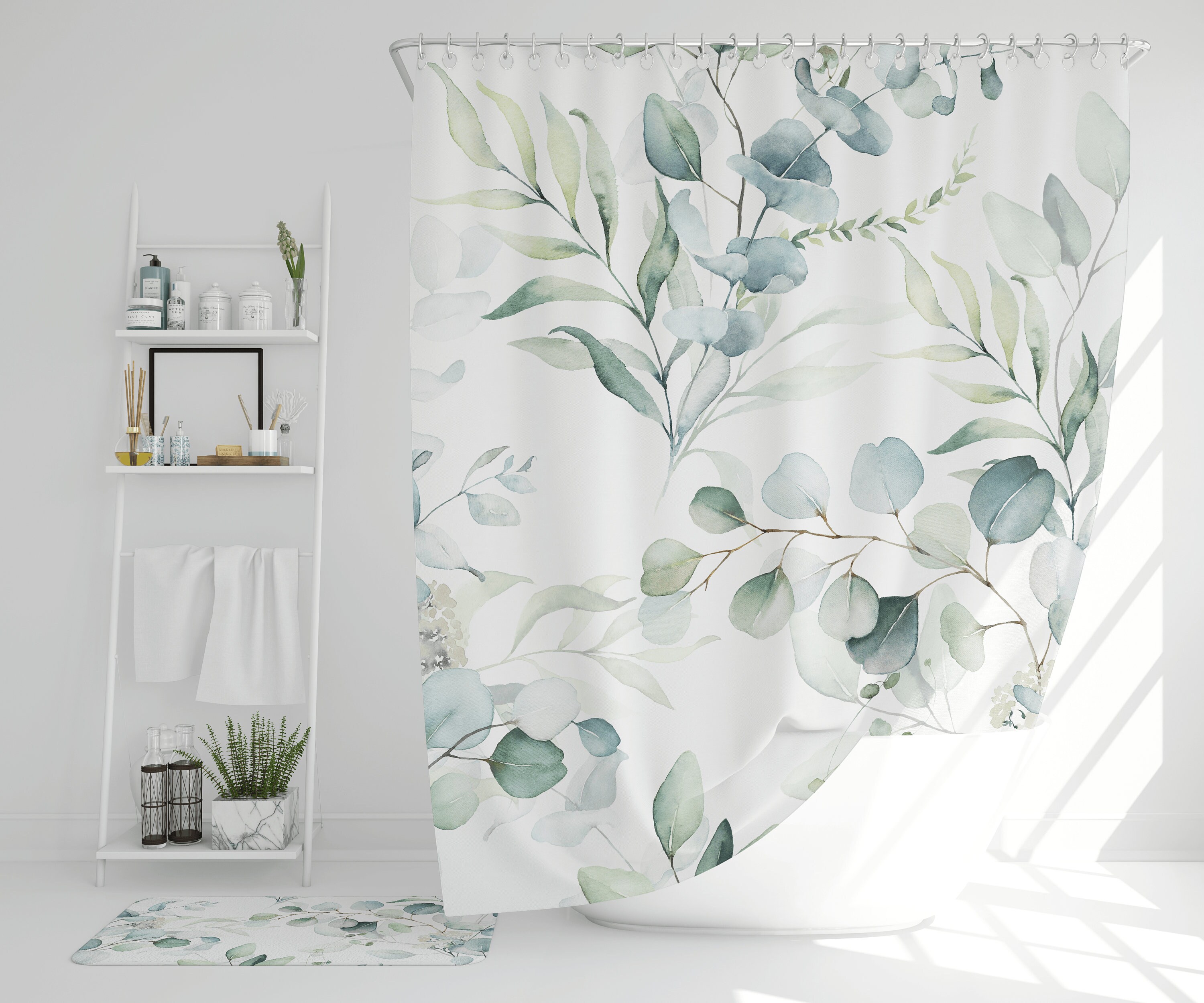 Eucalyptus Leaves Shower Curtain Green And Gold Leaves Etsy