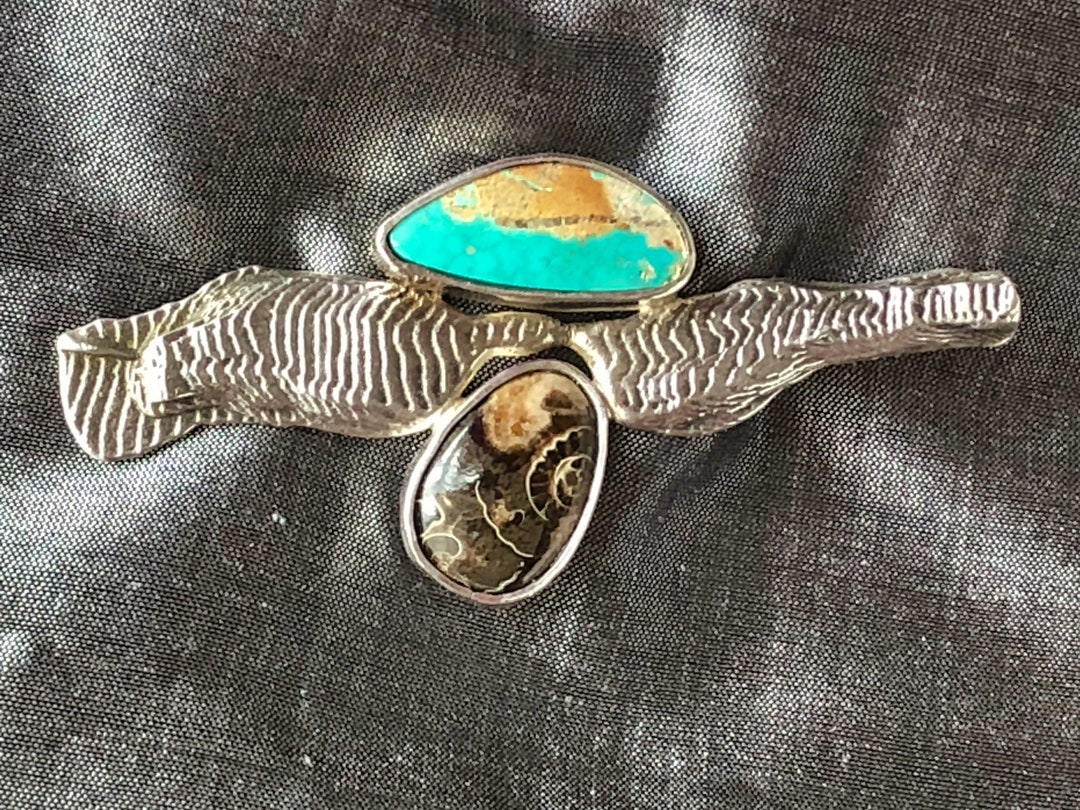 Sterling Silver Cuttlefish Cast Pin/brooch, Turquoise and Turritella ...