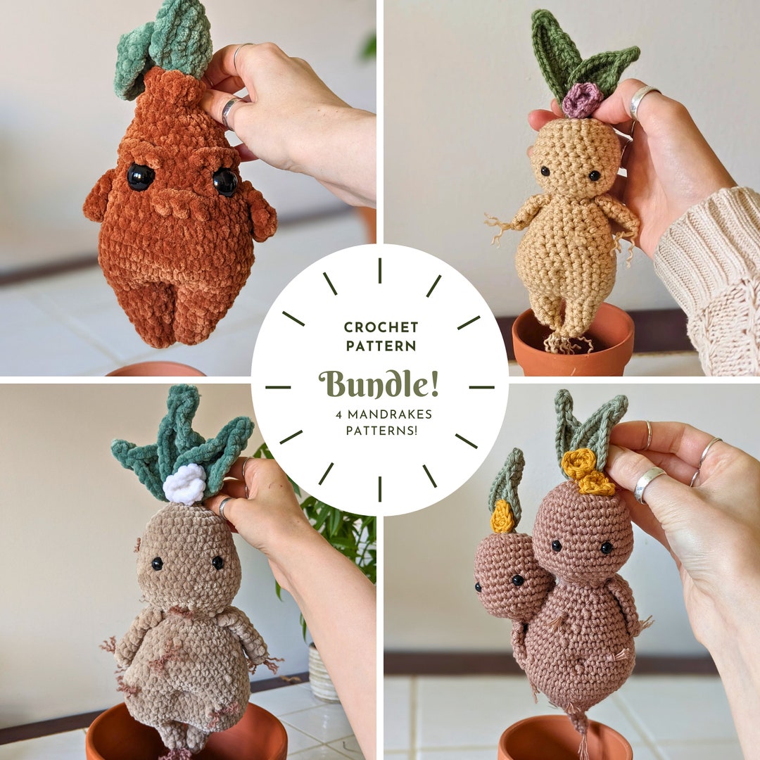 Mandrake Crochet Pattern Pack, 4 Plant Amigurumi Designs, Wizard ...