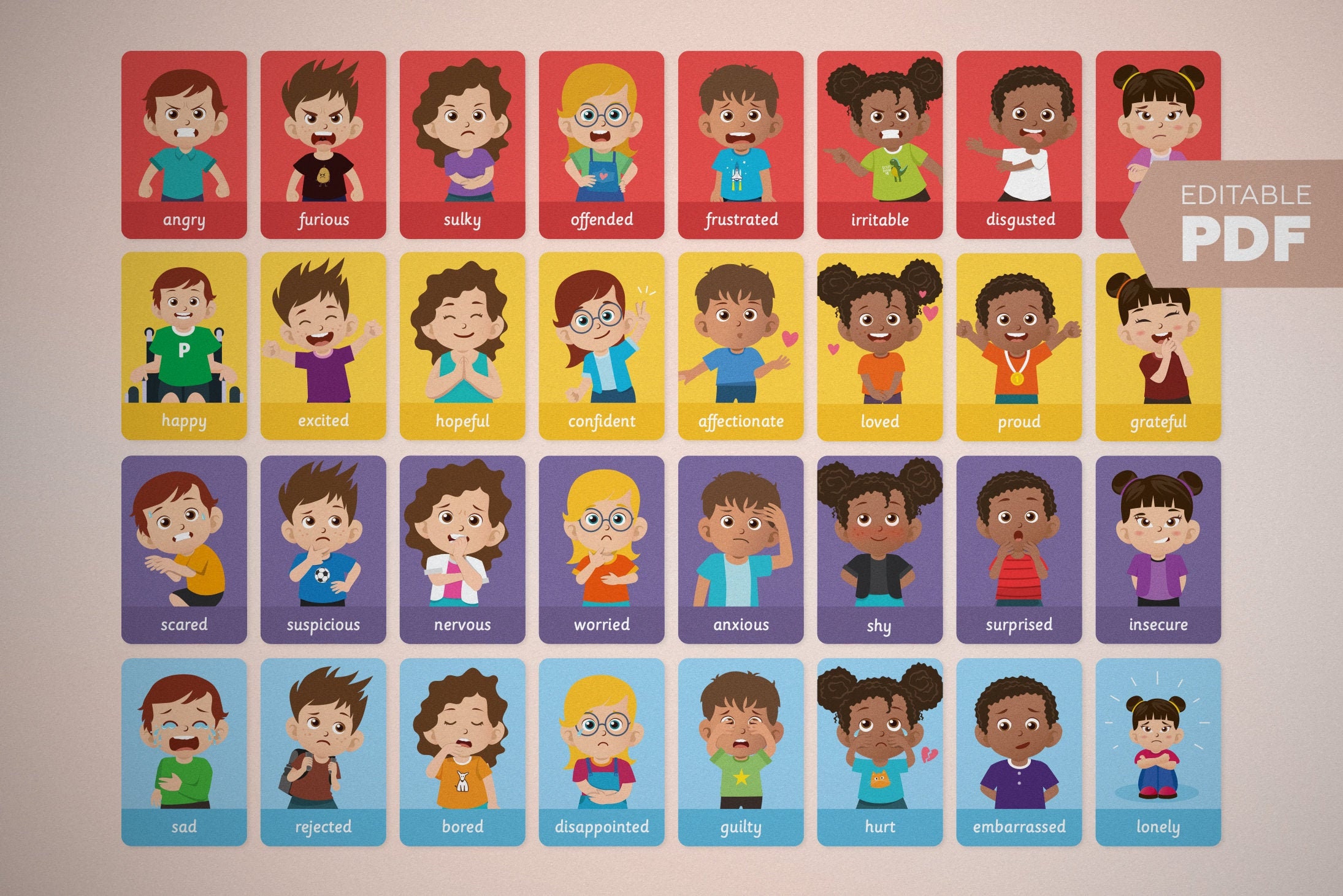 EMOTIONS Color Background Printable Educational Flashcards Nomenclature ...