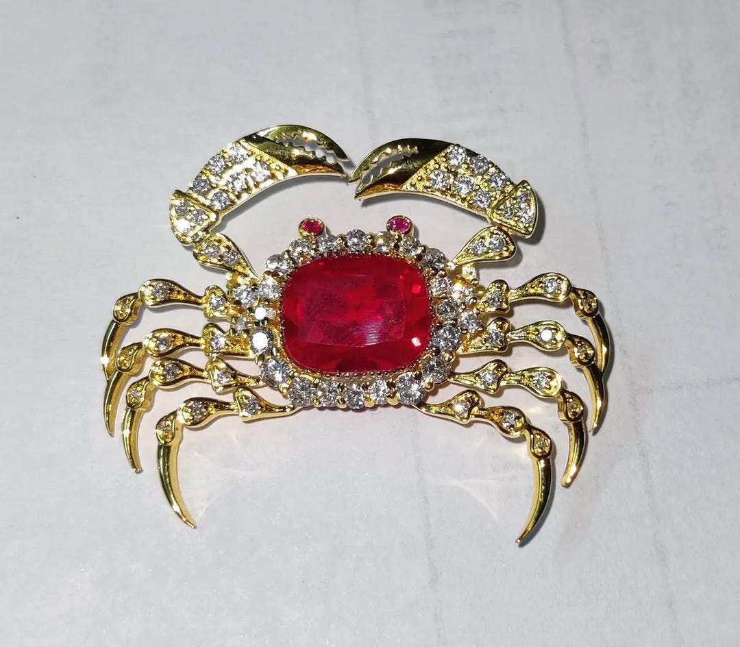 Diamond Crab Brooch Pin: Moissanite Ruby, 14K Gold Plated Sterling ...