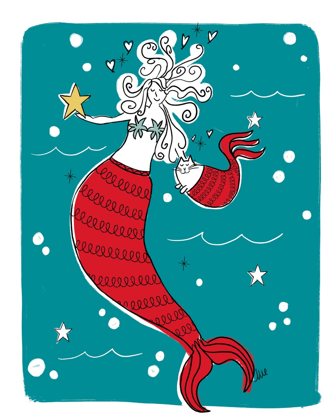 Retro Mermaid and Cat Printable Art, Retro Illustration Digital ...