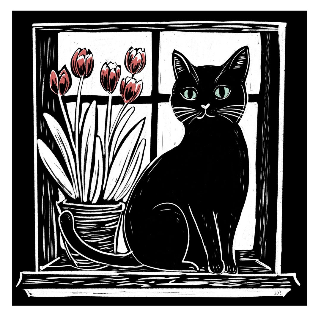 Black Cat in Window, Printable Art Download, Lin Cut Red Tulips, Not AI ...