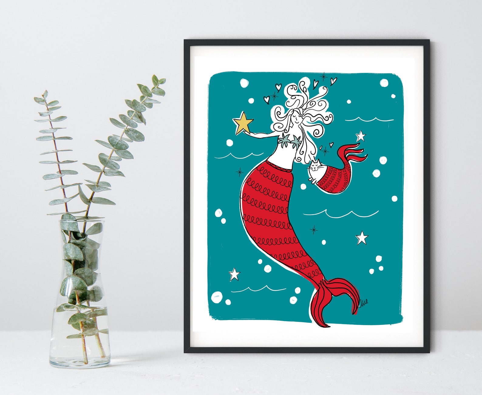 Retro Mermaid and Cat Printable Art, Retro Illustration Digital ...