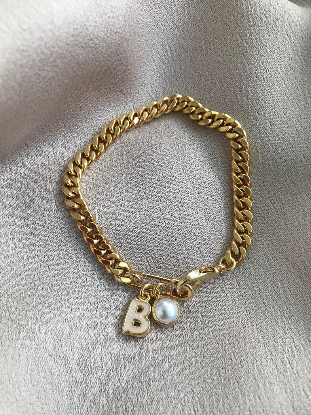 Letter Gold Chain Pearl Bracelet Custom Letter Bangles - Etsy
