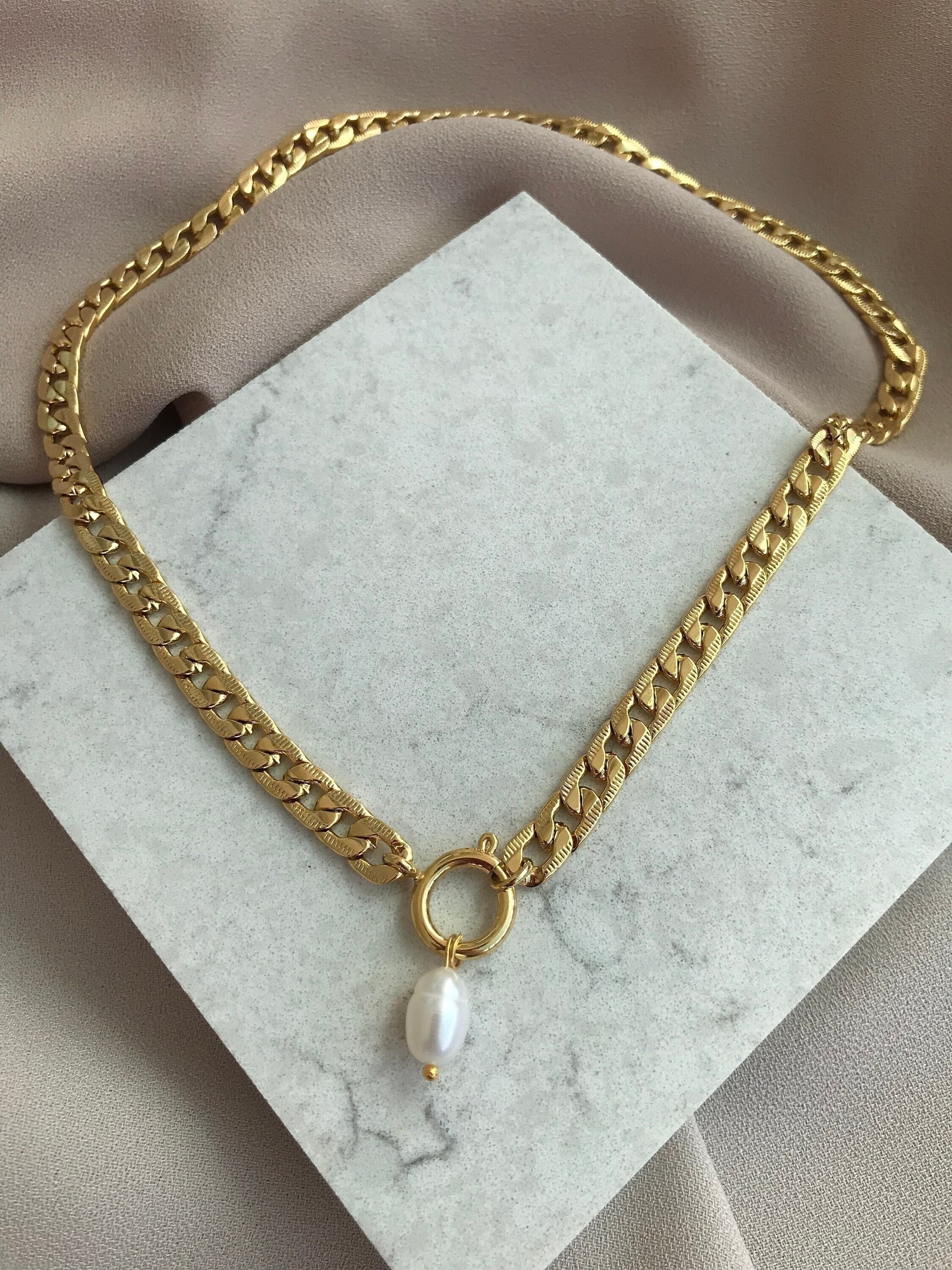 Retro Chain Pearl Necklace Pearl Design Gold Thick Chain - Etsy