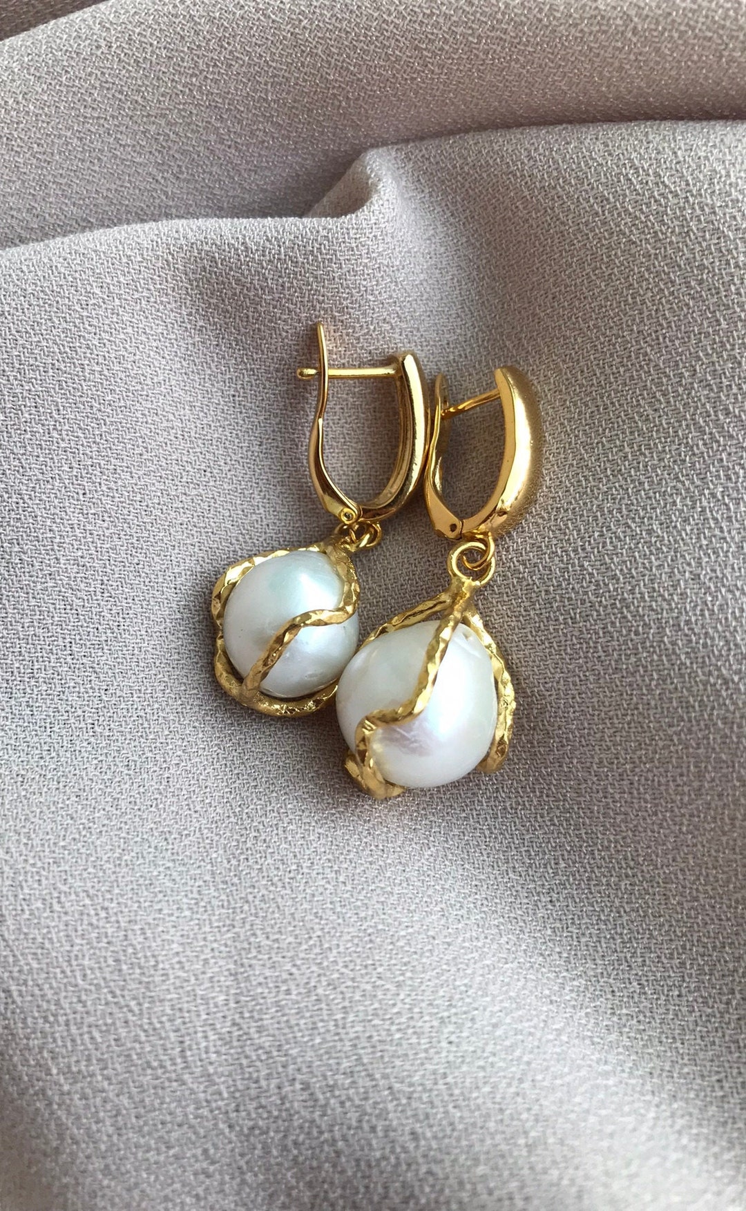 Caged Fireball Pearl Gold Earrings, Natural Baroque Pearl Earrings ...