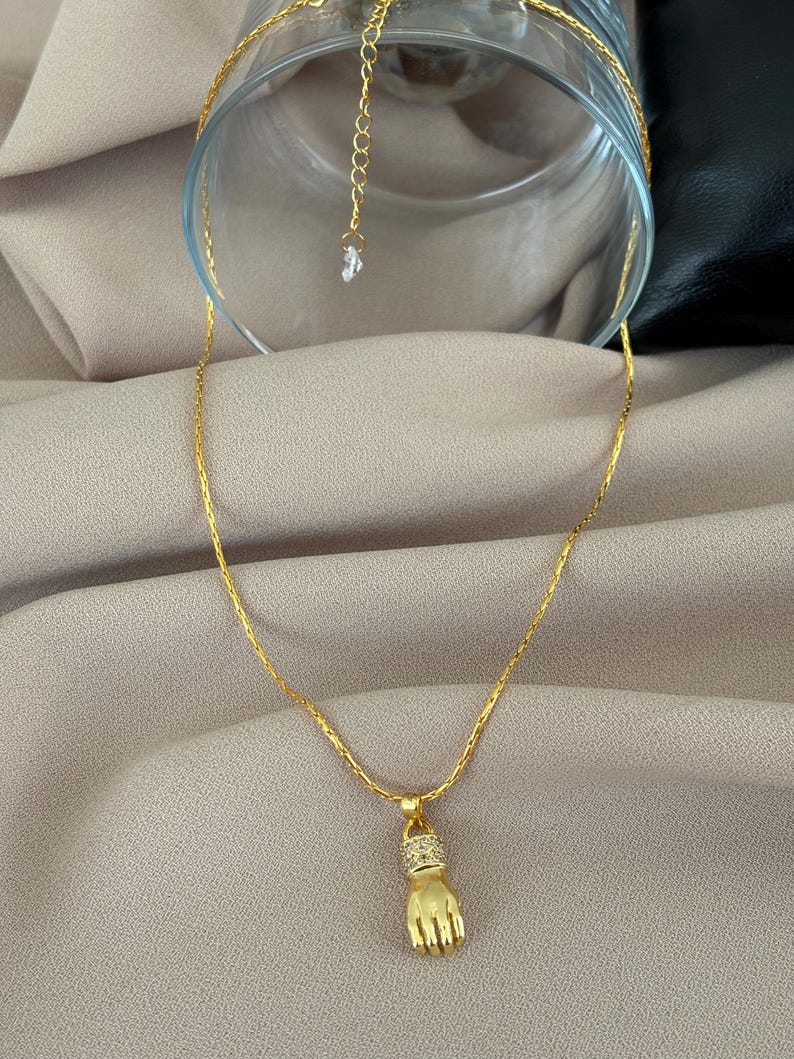Zircon Stone Hand Detail Square Chain Gold Necklace - Etsy