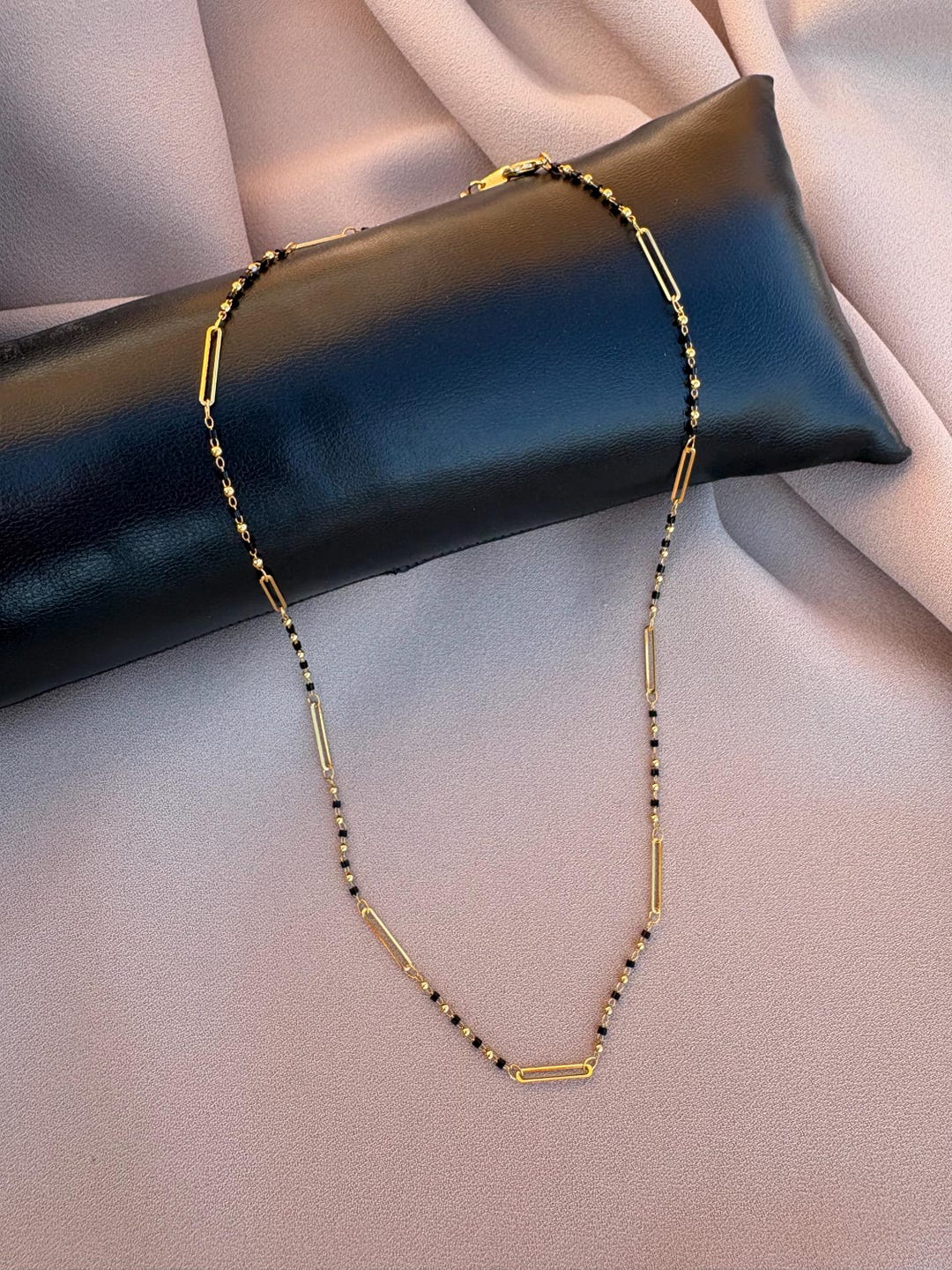 Minimalist Necklace With Black Beaded Paperclip and Gold Chain Design ...