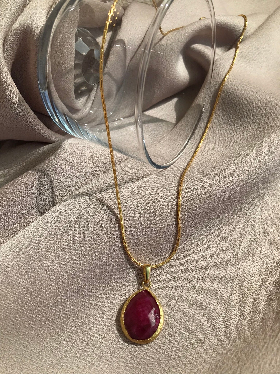 NEW ! Unique Drop Ruby Design Necklace, Gold Chain Natural Stone Design ...