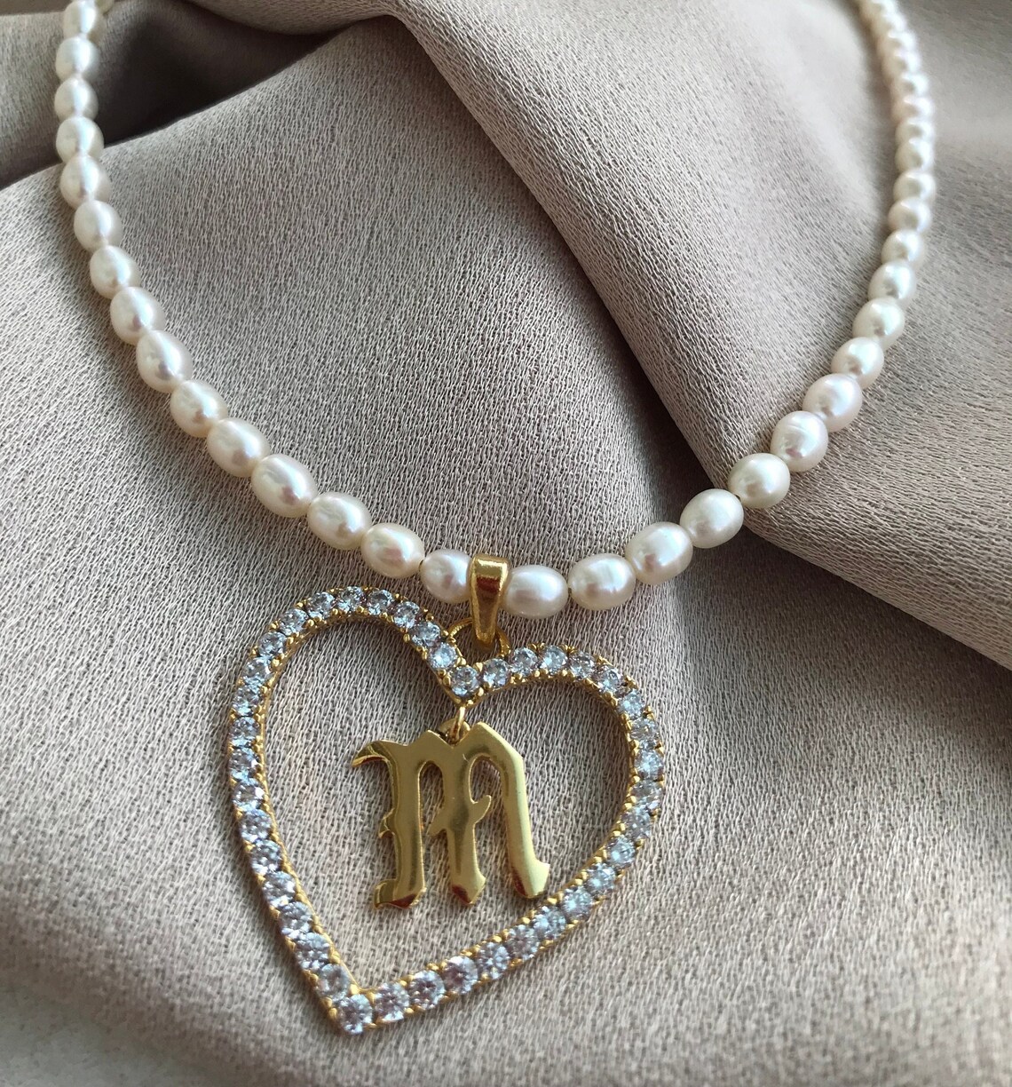 Natural Freshwater Pearl Initial Letter Necklace Zircon Heart | Etsy