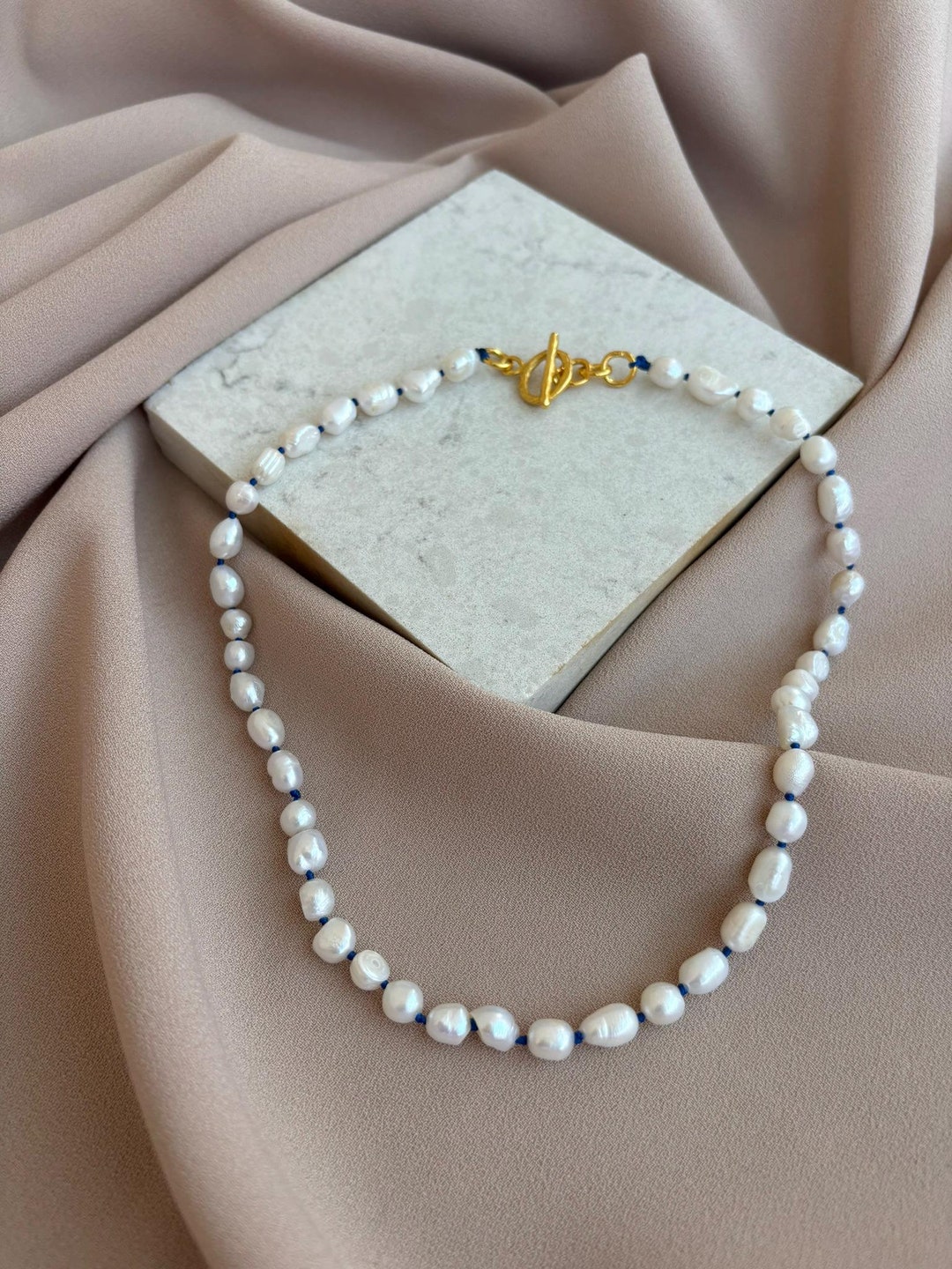 NEW Irregular Potato Pearl Necklace, Blue Rope Knitted Pearl Necklace ...