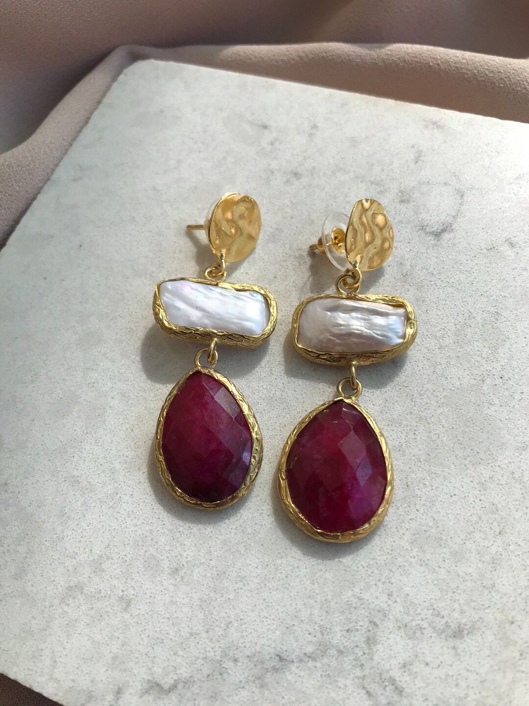 Genuine Pearl and Natural Ruby Stone Combination Design Gold Earrings ...