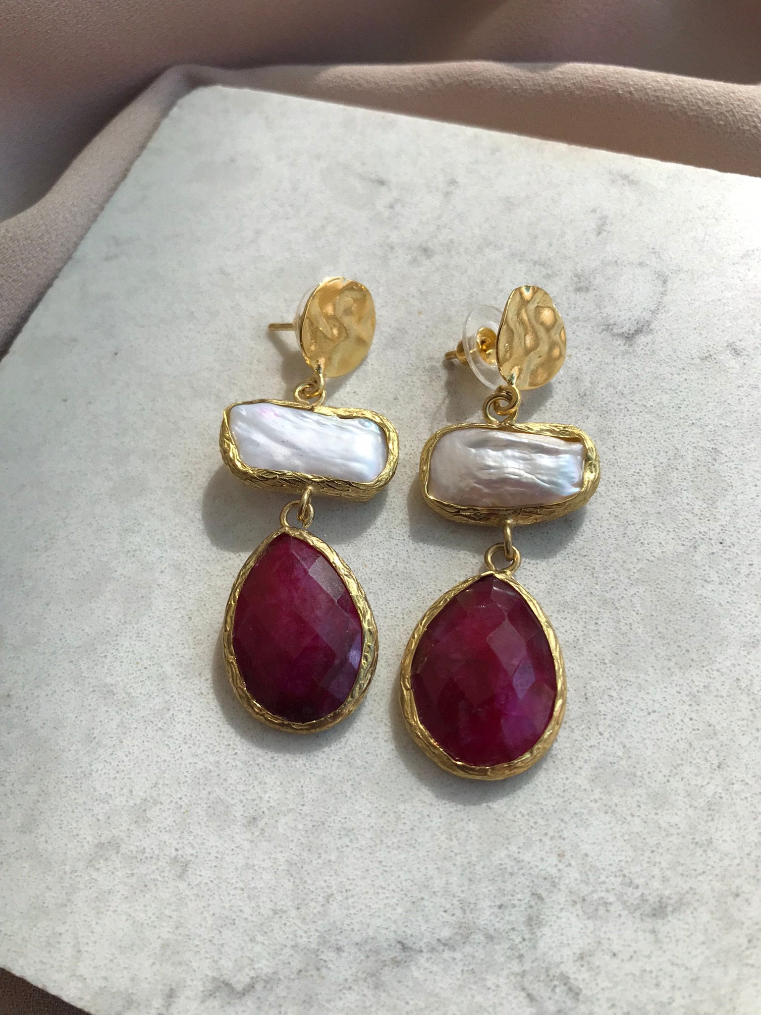 Genuine Pearl and Natural Ruby Stone Combination Design Gold Earrings ...