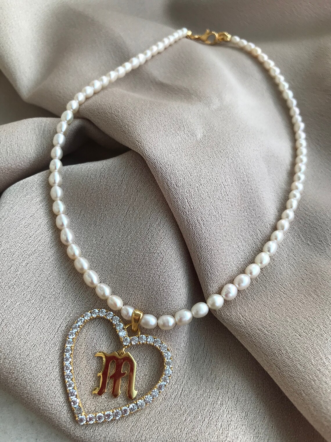 Natural Freshwater Pearl Initial Letter Necklace Zircon Heart - Etsy