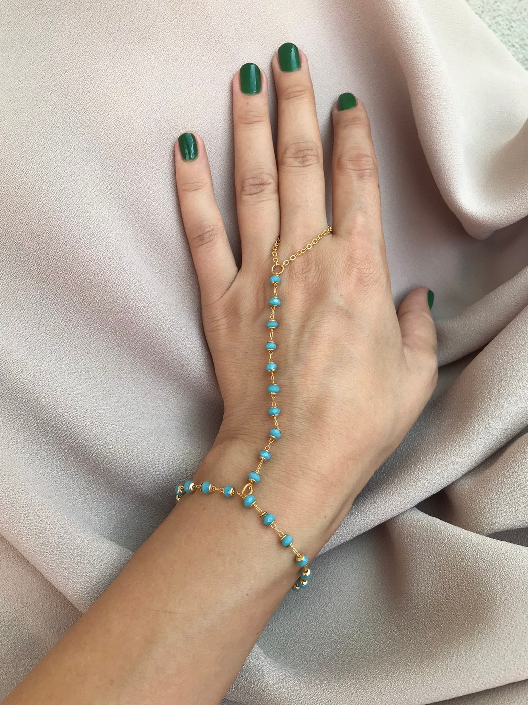 Turquoise Beaded Hand Chain: 22k Gold Plated Sahmeran Bracelet - Etsy