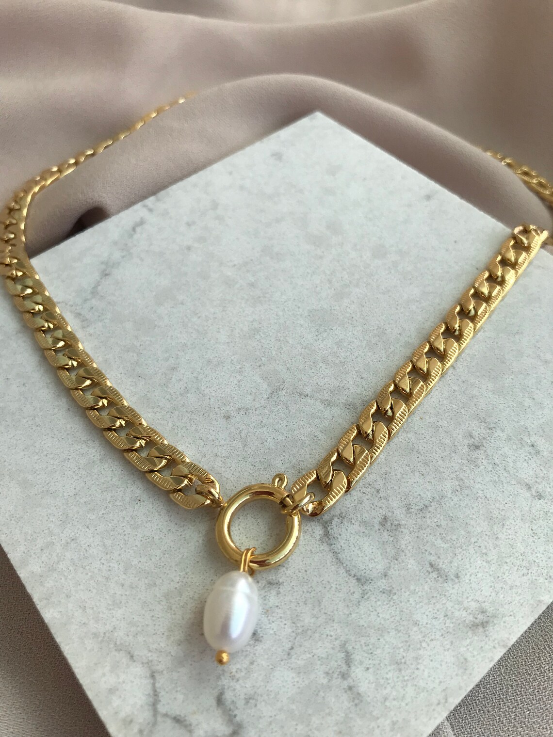 Retro Chain Pearl Necklace Pearl Design Gold Thick Chain - Etsy