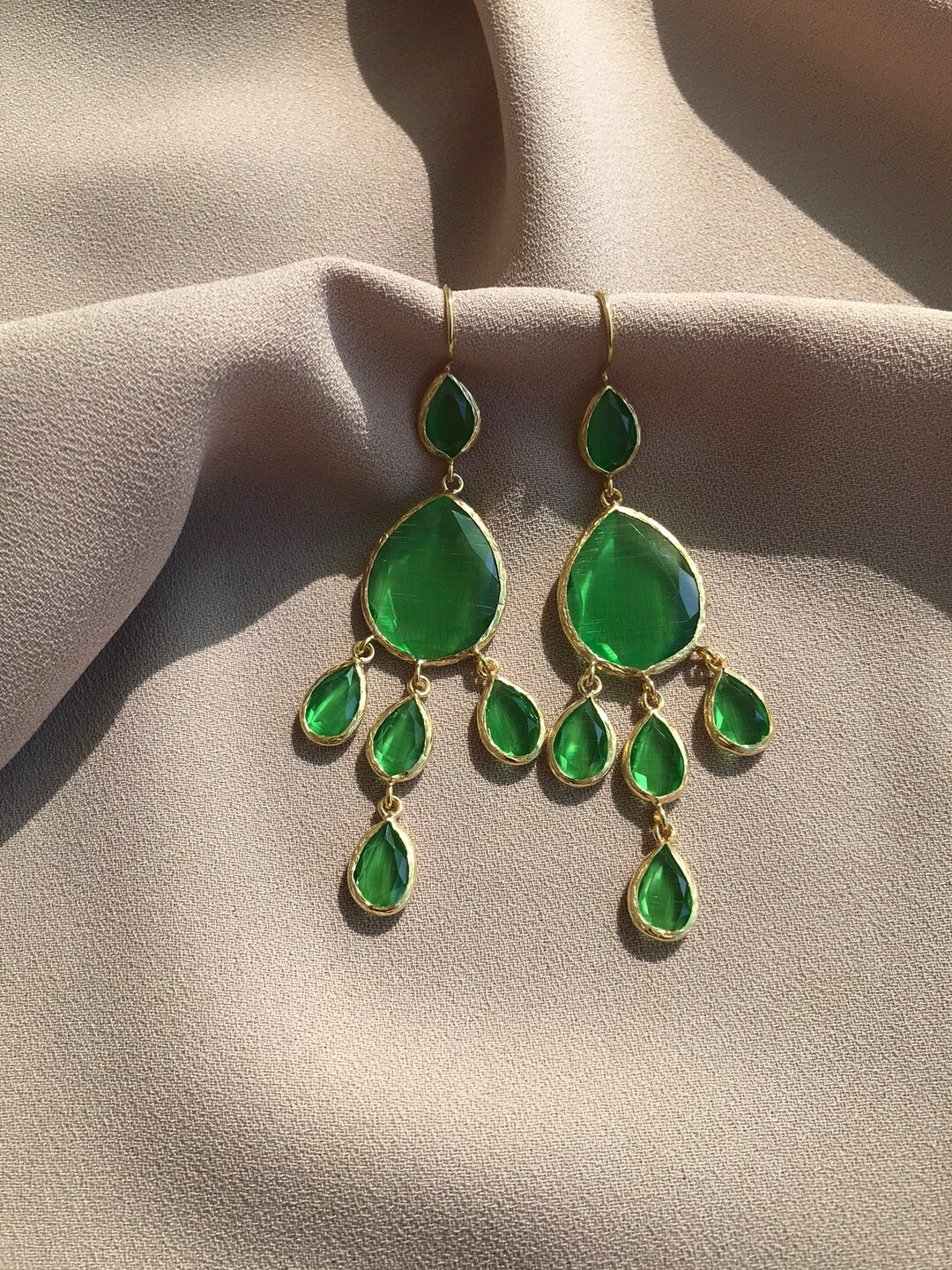 Long Drop Design Cat's Eye Earrings, Green Cat's Eye Stone Earrings ...