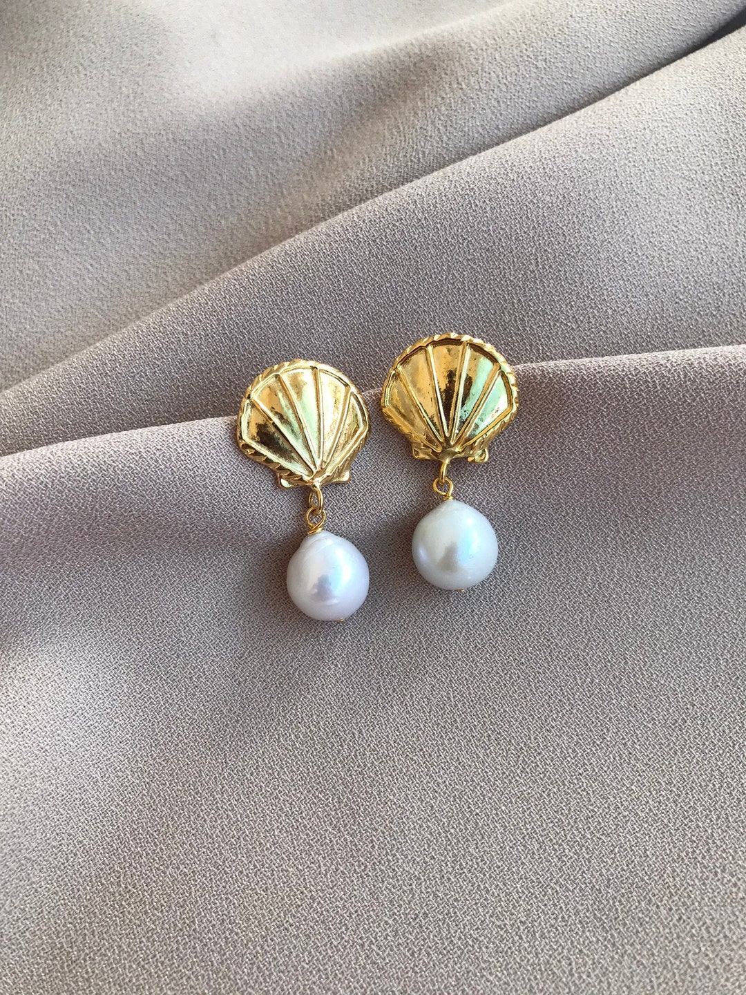 Golden Shell Pearl Earrings: 22k Gold Plated, Freshwater Pearl - Etsy