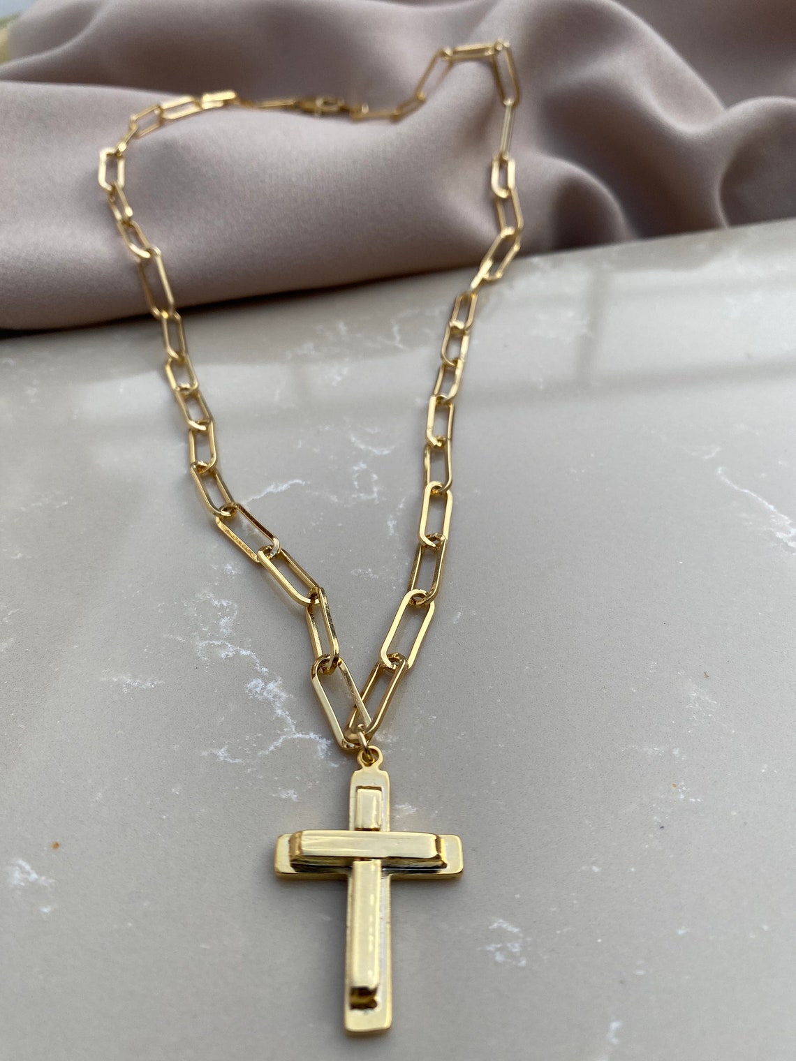 Gold Big Cross Chain Necklace Cross Gold Necklace Paper Clip - Etsy