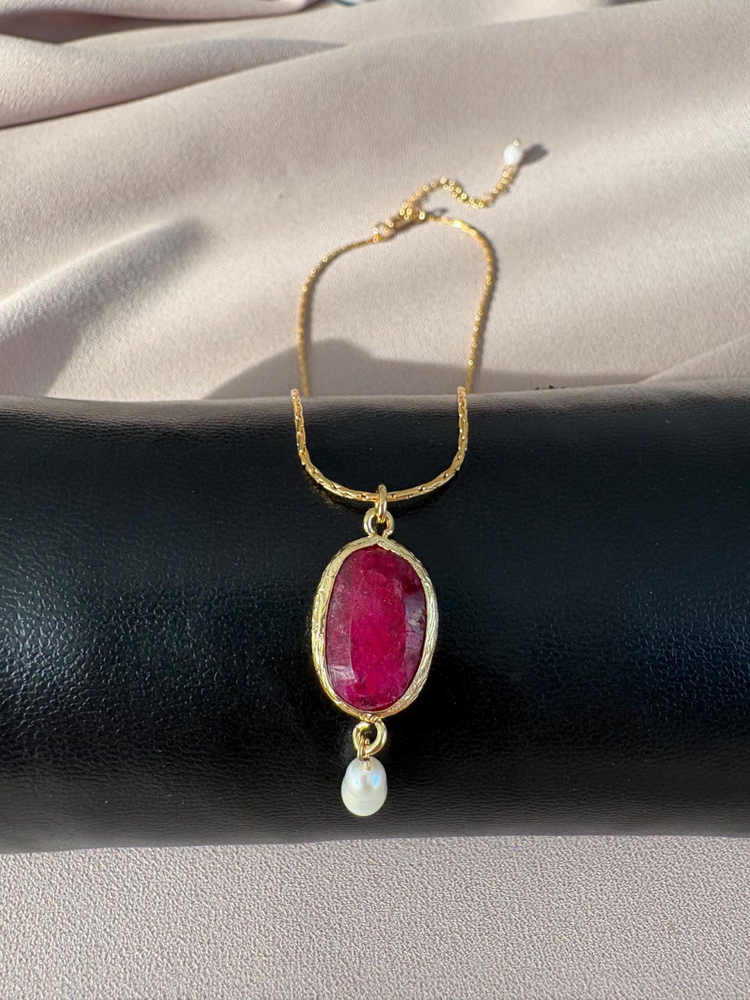 Ruby Pearl Design Necklace, Gold Plated Square Chain Necklace - Etsy