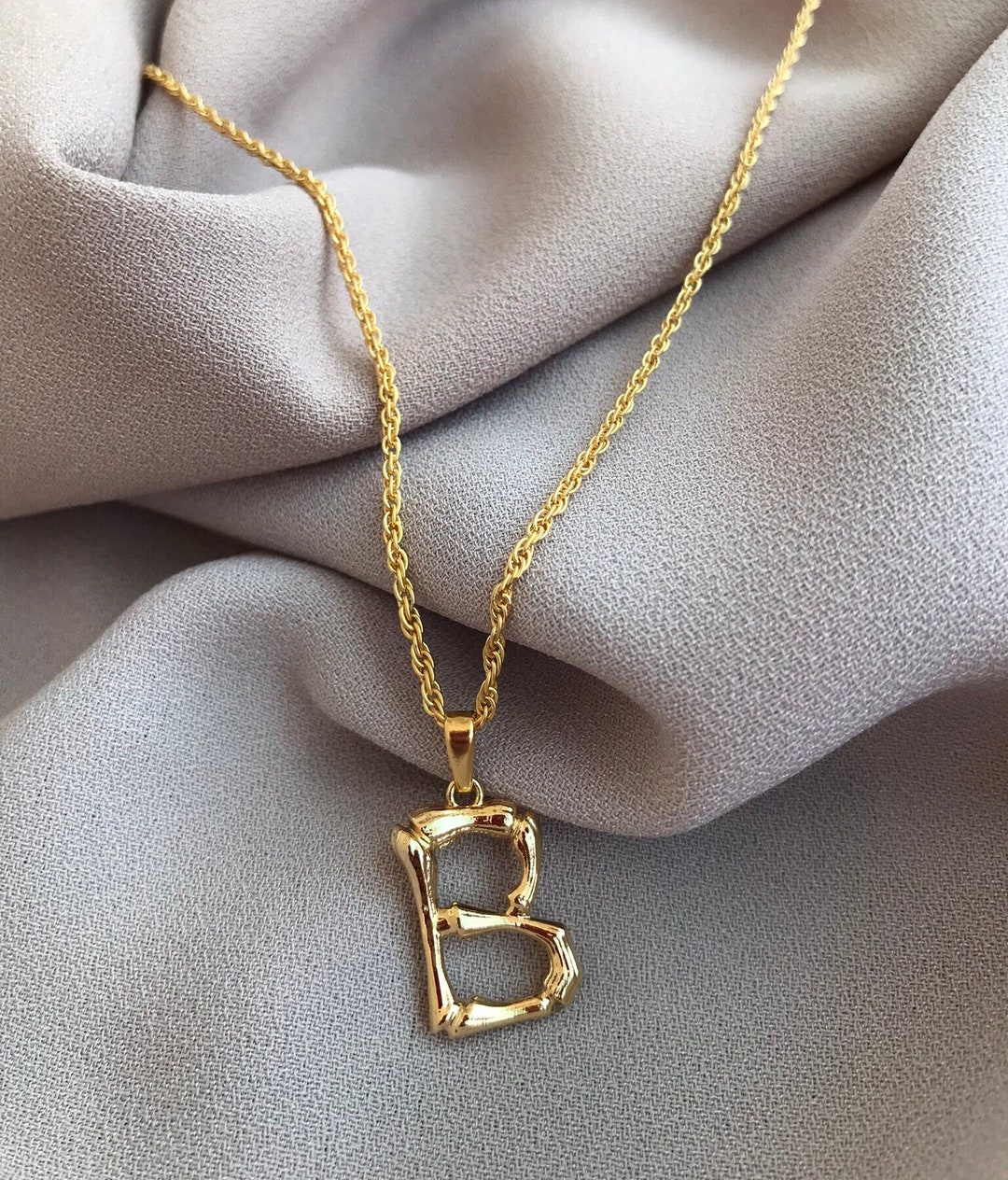 Big Bone Letter Necklace, Gold Twirl Chain Bamboo Letter Necklace ...