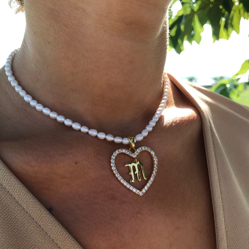 Natural Freshwater Pearl Initial Letter Necklace Zircon Heart | Etsy