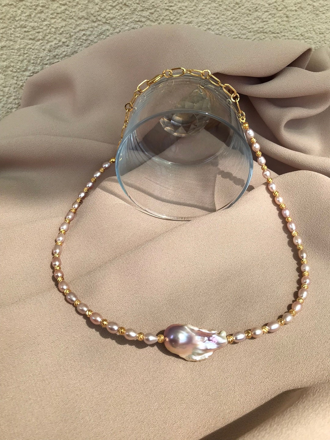 Real Pink Pearl Gold Pattern Dorika Beaded Salmon Large Baroque ...