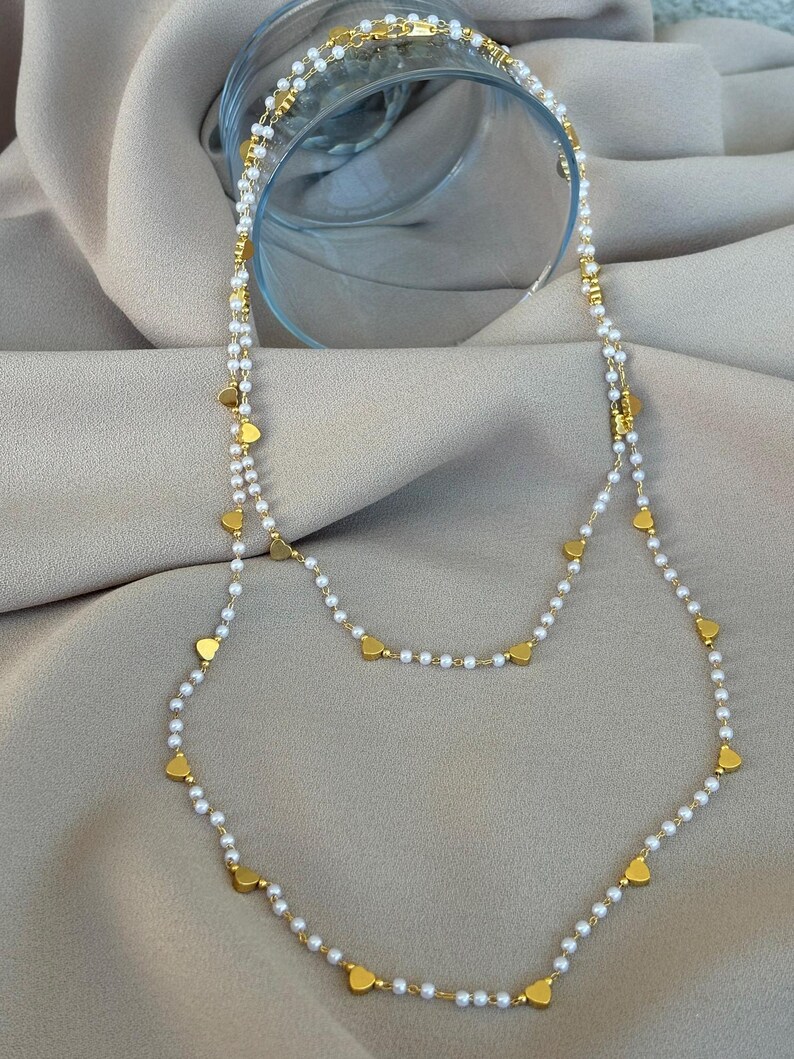 Long Mini Gold Heart and Pearl Combination Braided Chain Gold Necklace ...