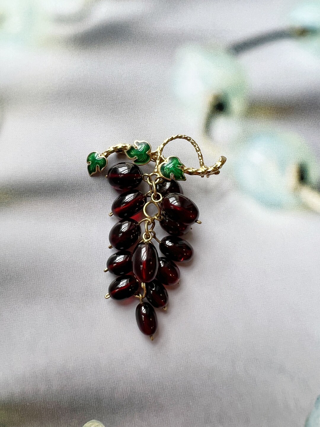18K Gold Garnet Enamel Grapes Brooch, Victorian Garnet Brooch Gift ...