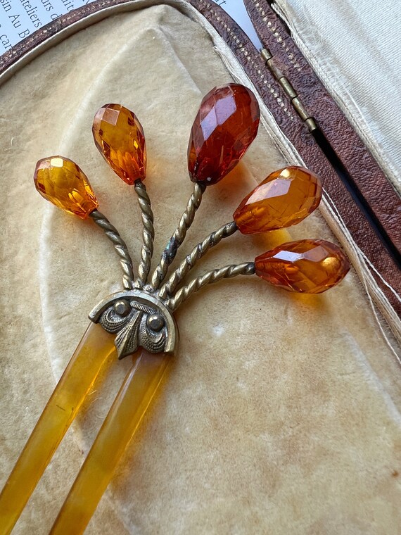 Antique floral yellow briolette beads hair comb pin, … - Gem