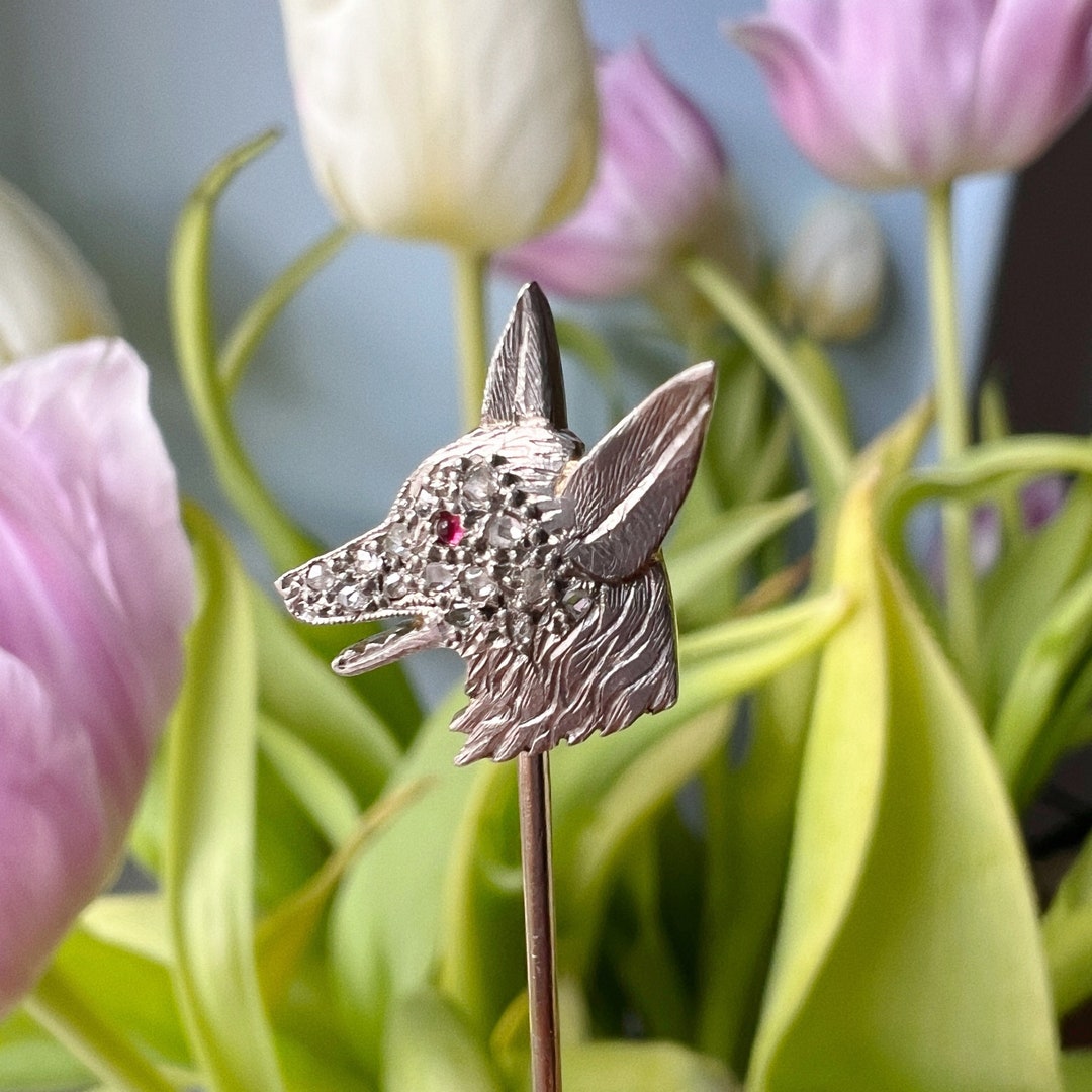 Antique 18K Gold Diamond Ruby Wolf Stick Pin Brooch, Art Deco Pin ...