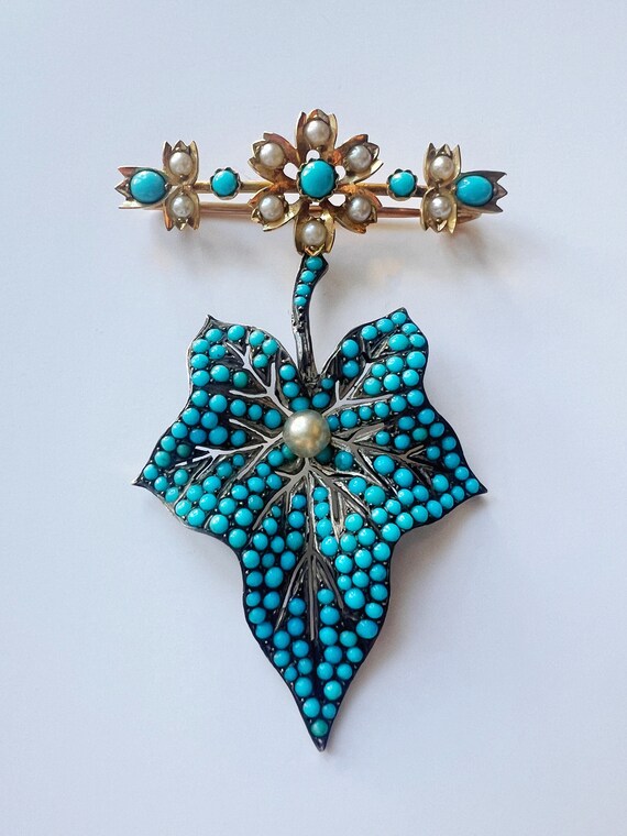 Victorian era turquoise leaf flower brooch, floral br… - Gem