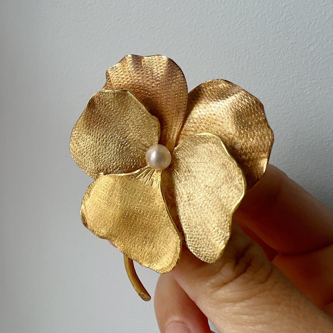 18k Plain Gold Pearl Pansy Flower Brooch, Large Brooch Sentimental ...