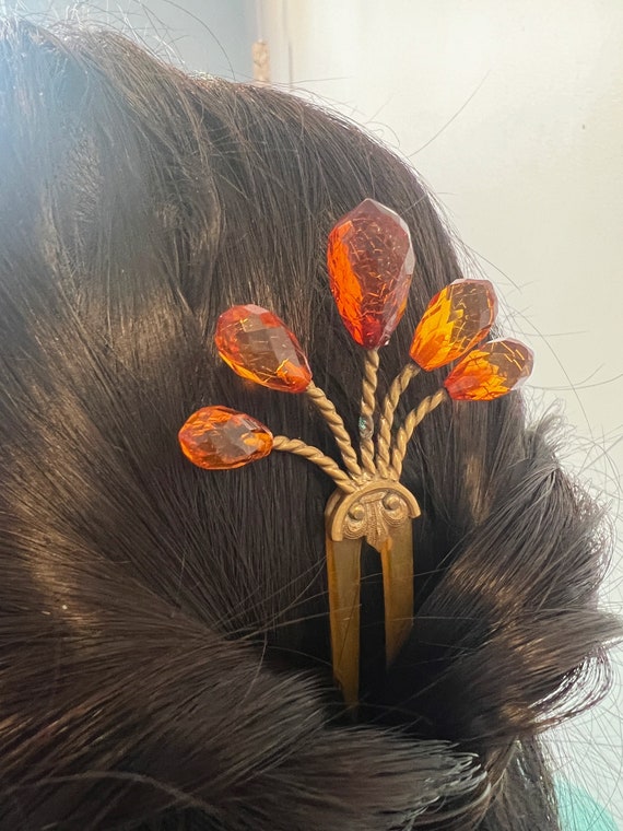 Antique floral yellow briolette beads hair comb pin, … - Gem